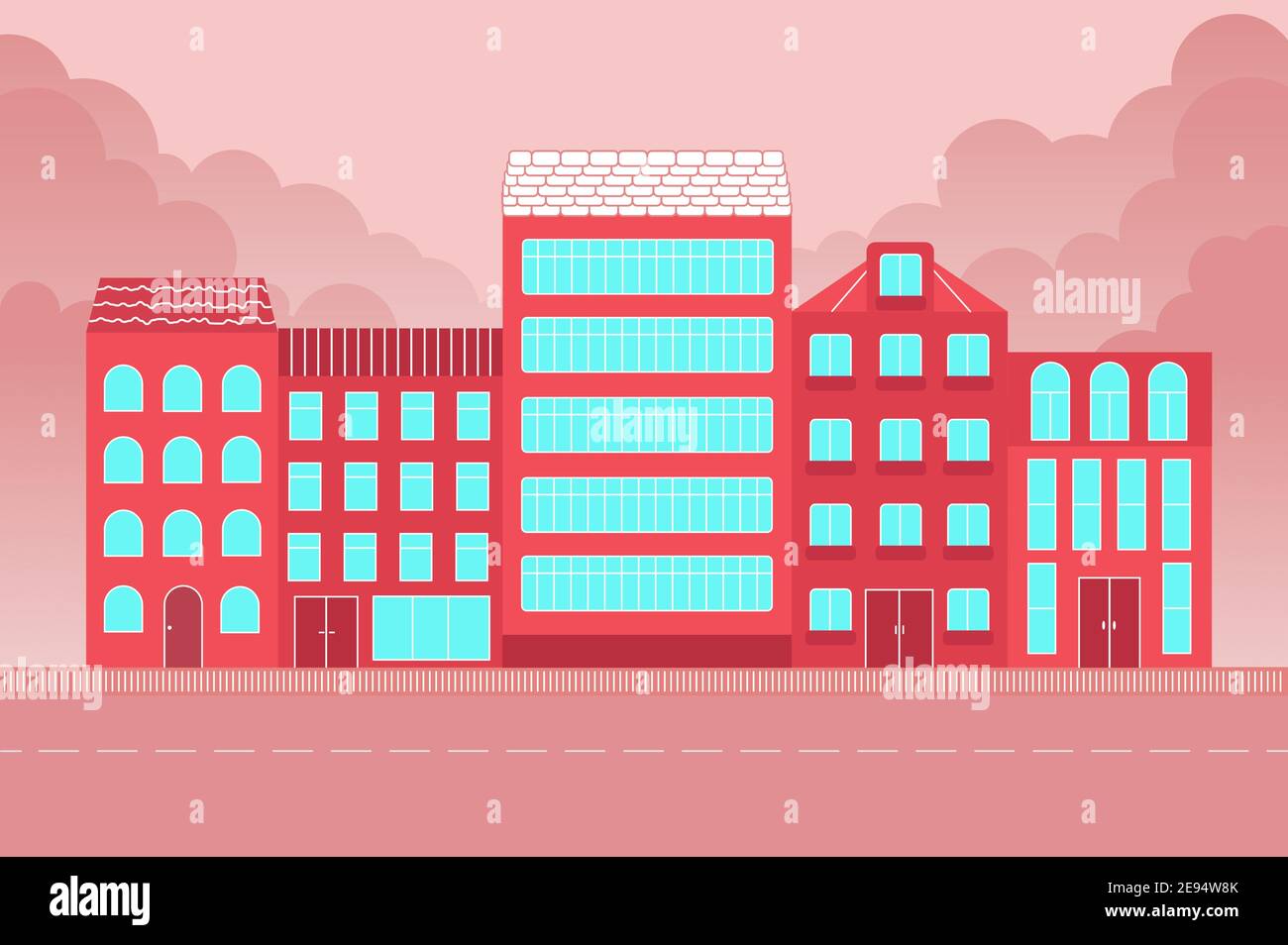 Bright pink buildings with windows and doors vector illustration Stock ...