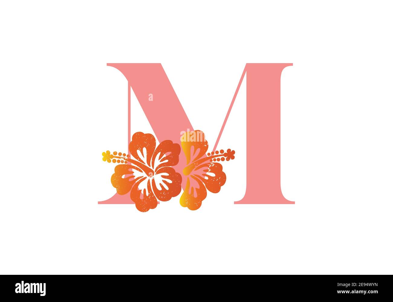 Monogram initials letter M with hibiscus flower on white background ...