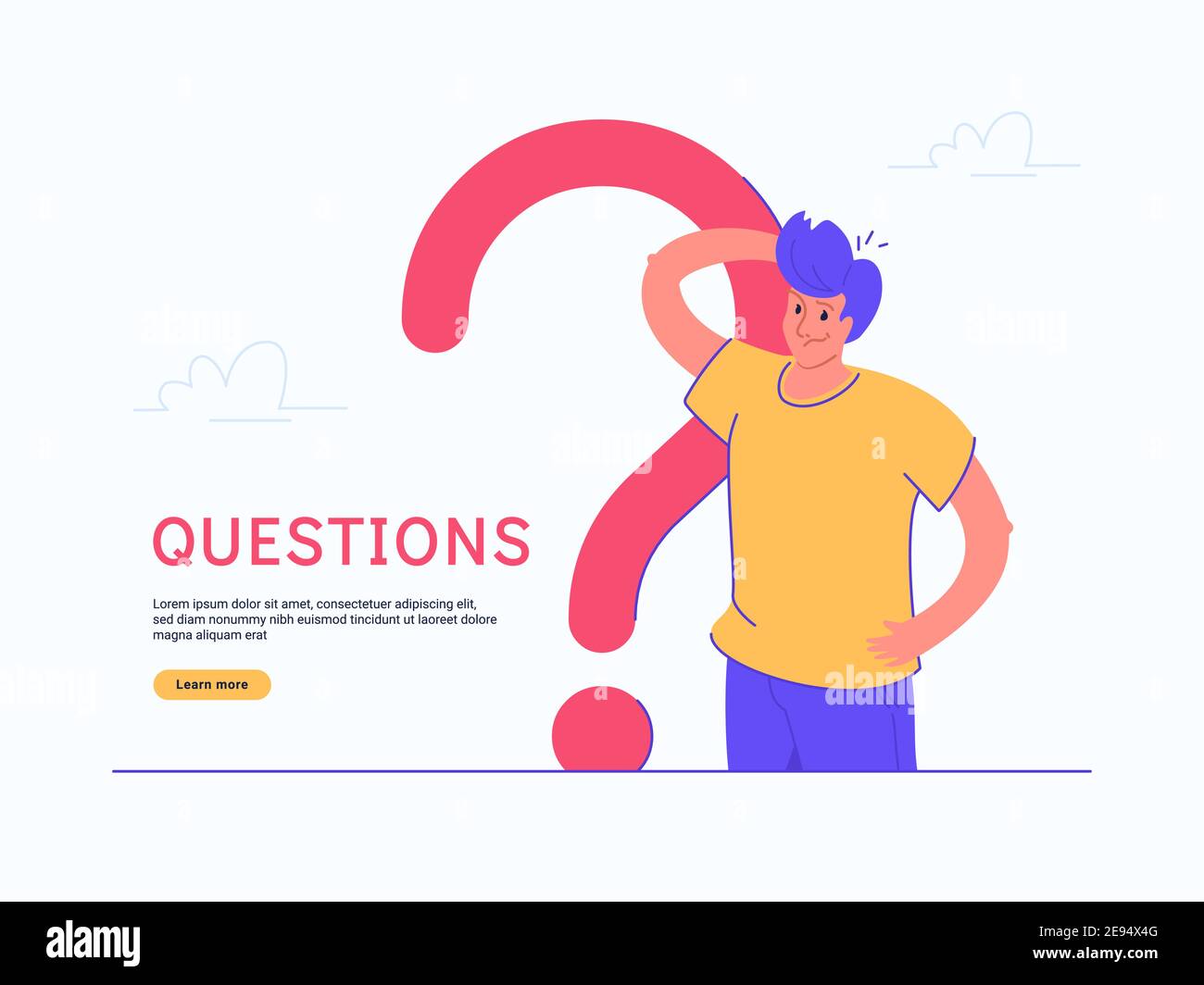 Young doubting man standing near big question symbol on white ...