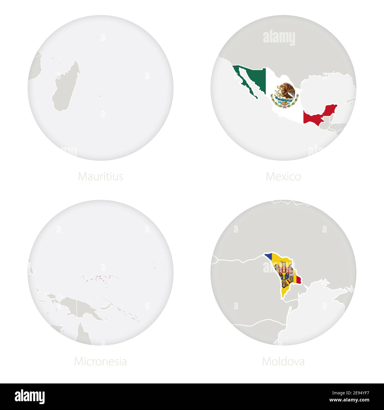 Mauritius, Mexico, Micronesia, Moldova map contour and national flag in a circle. Vector ...