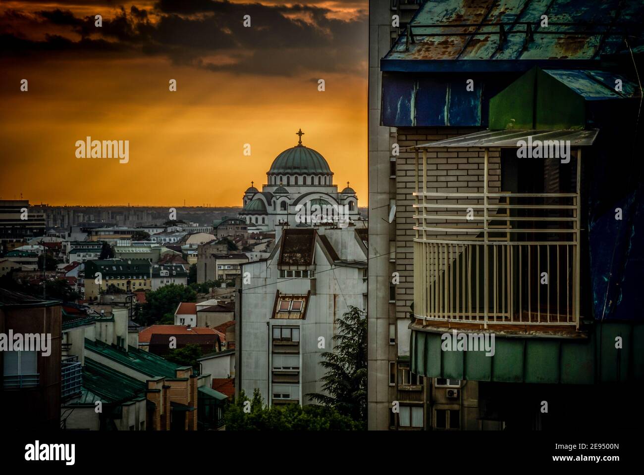 Panoramic view of Belgrade sunset with Temple of Saint Sava Stock Photo ...