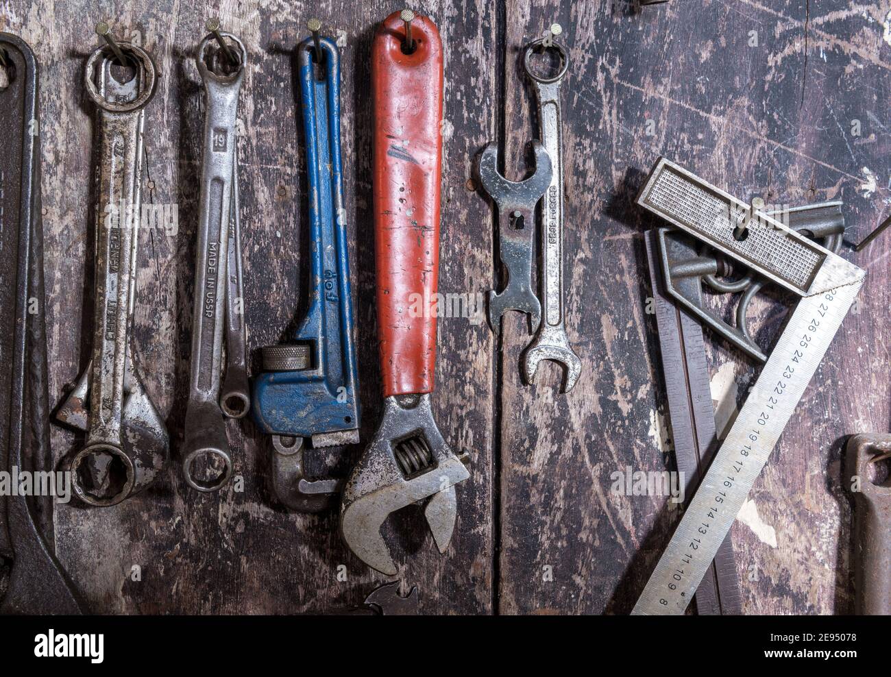 Vintage tools with some of them made in the USSR. The image is taken in ...
