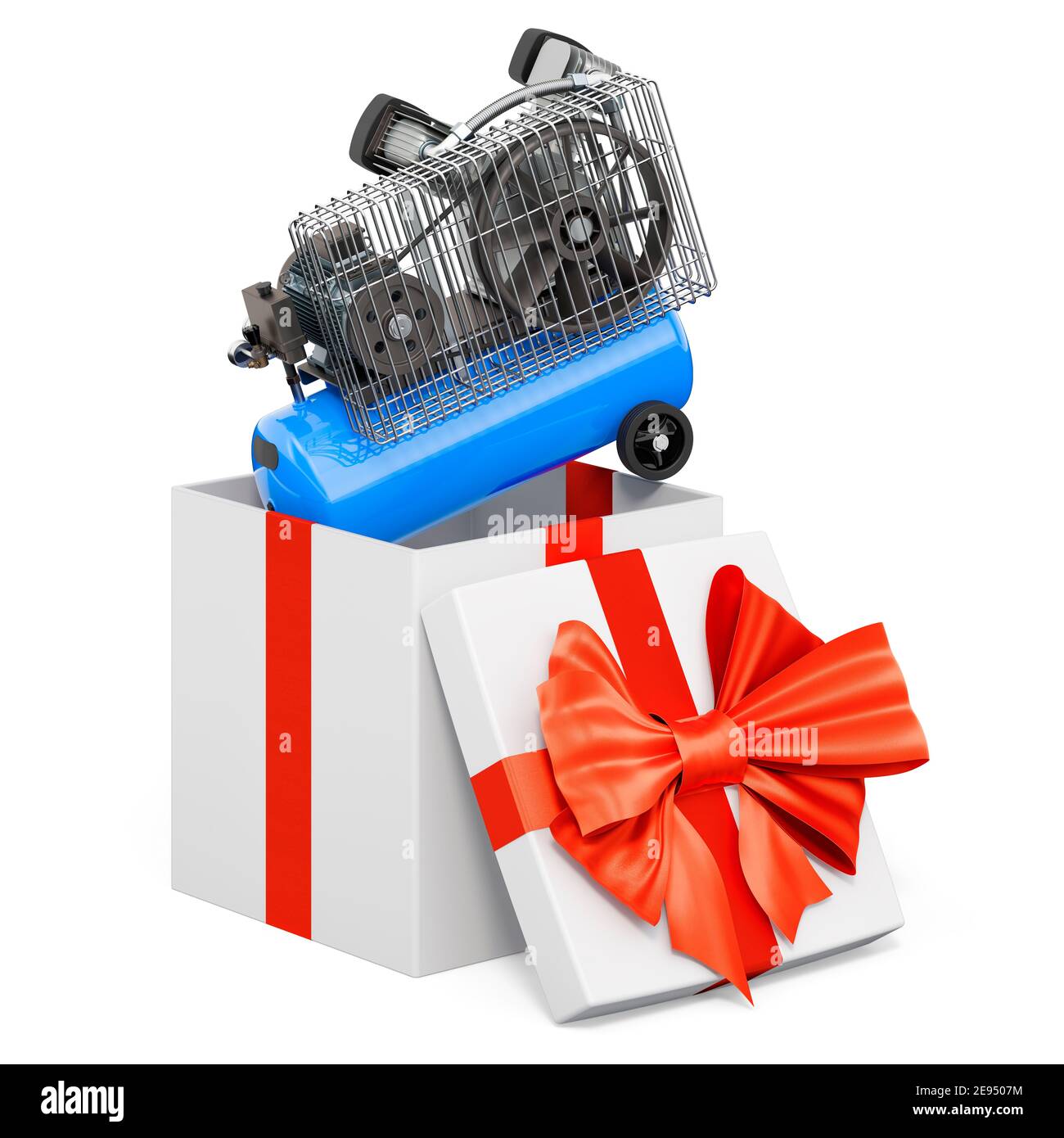 Air compressor inside gift box, present concept. 3D rendering isolated ...