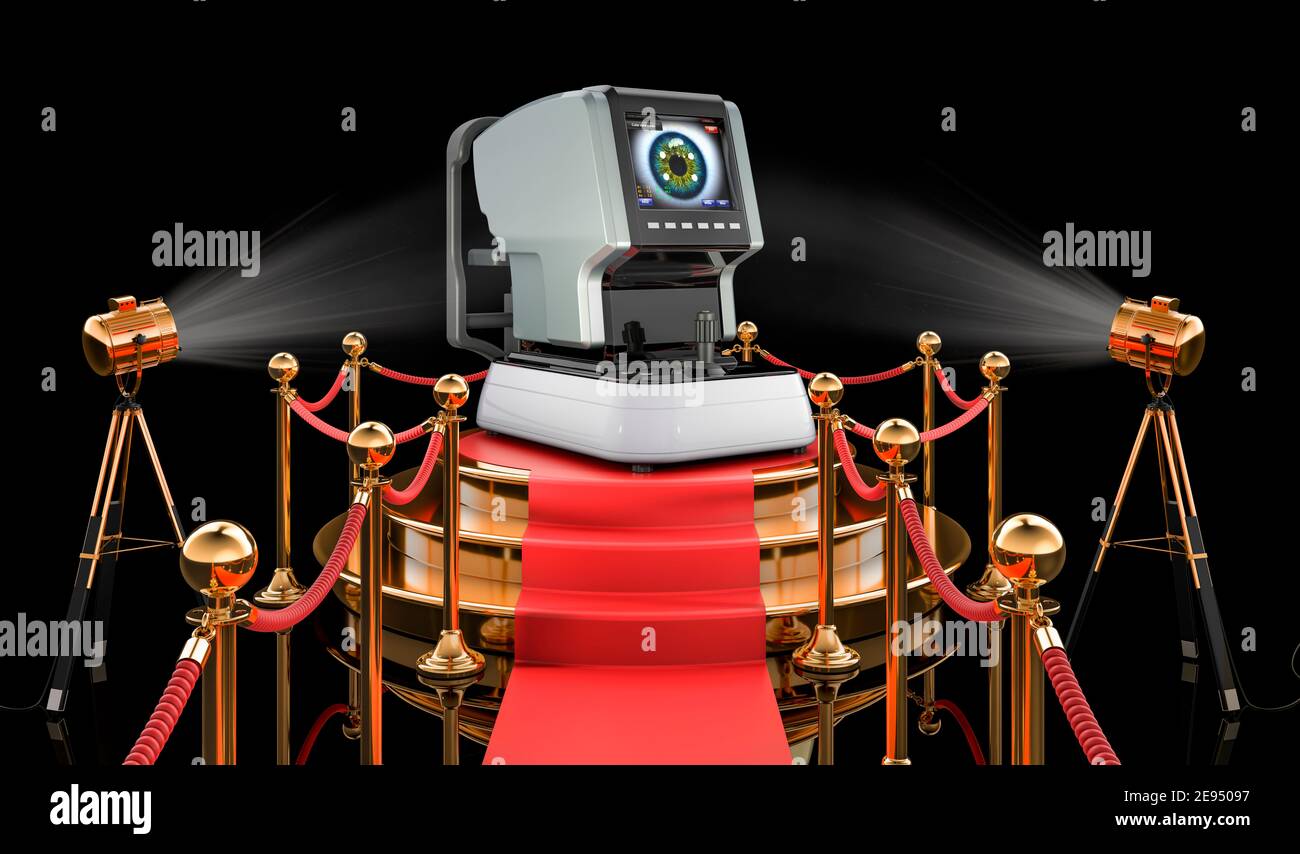 Podium with auto refractometer, 3D rendering isolated on black ...