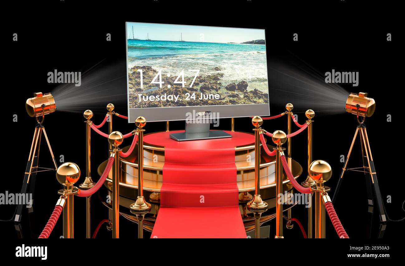 Podium with computer monitor, 3D rendering isolated on black background ...