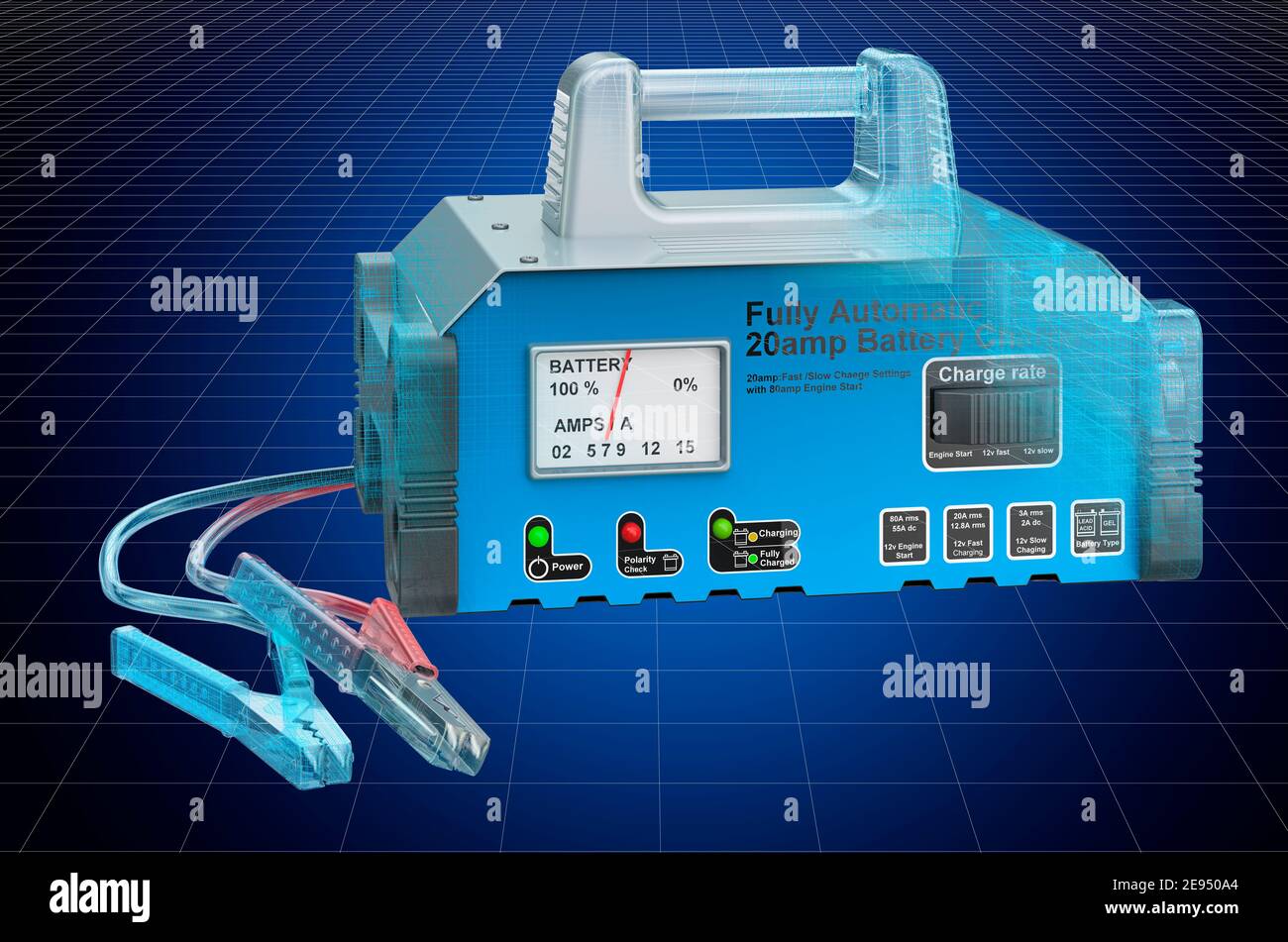Visualization 3d cad model of battery charger, blueprint. 3D rendering ...