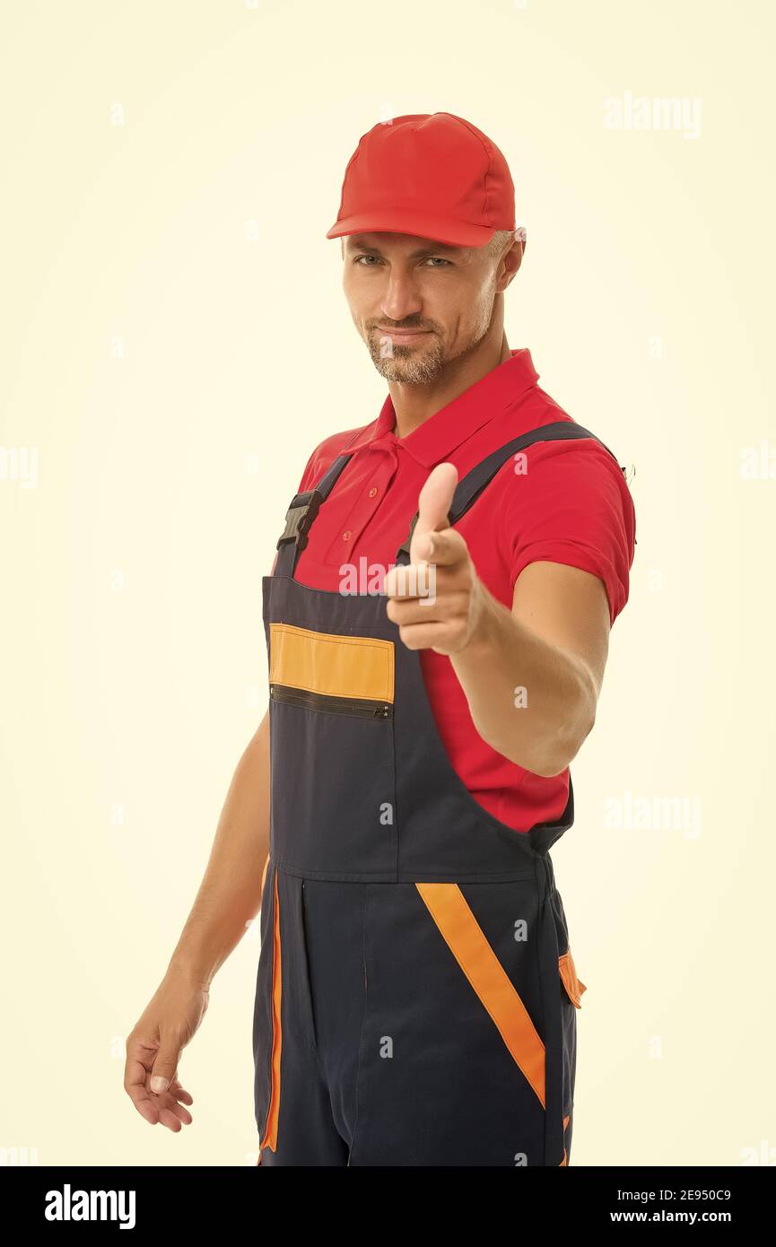 man wear working overall. handsome worker in uniform. building engineer ...