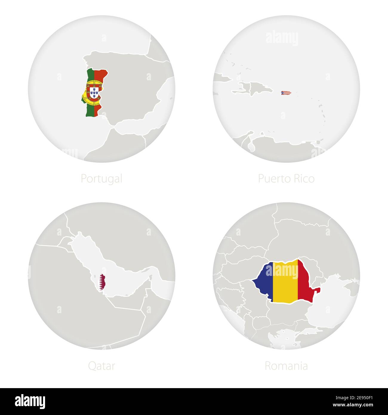 Portugal, Puerto Rico, Qatar, Romania map contour and national flag in ...