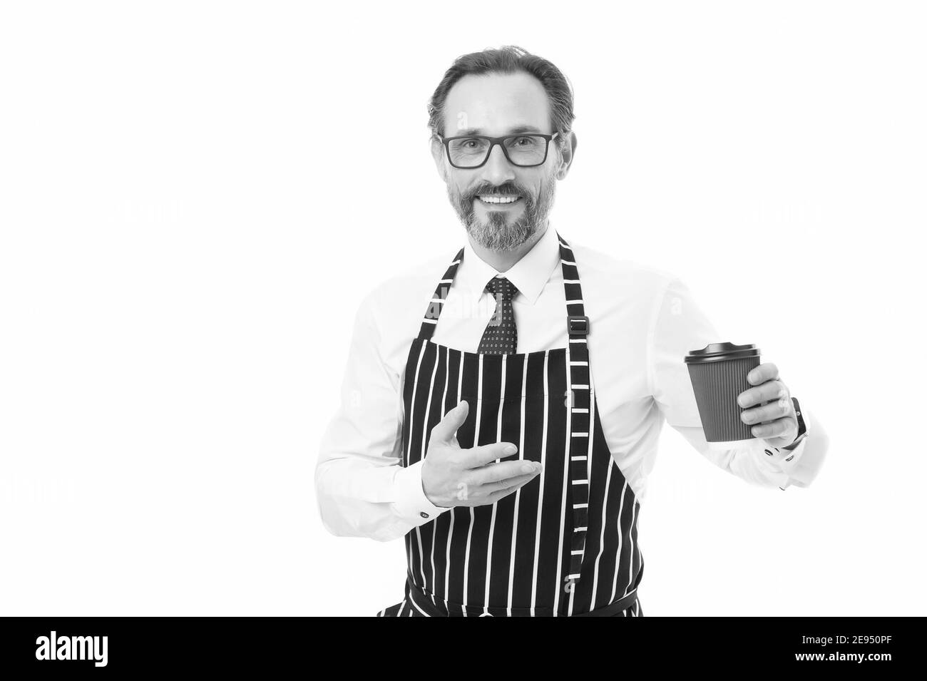 barista. take away coffee. confident chef in apron. bearded man with ...