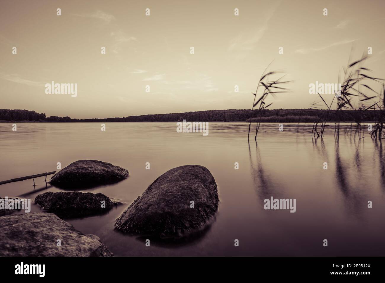 Dark scenery of a reflective lake on a white sky background Stock Photo ...
