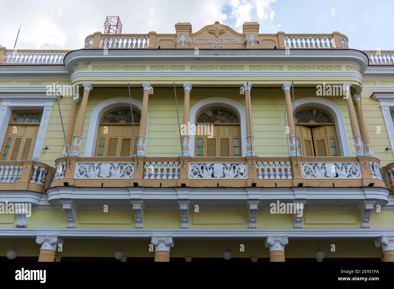 Colonial style building of the Hotel Central located in the Leoncio ...