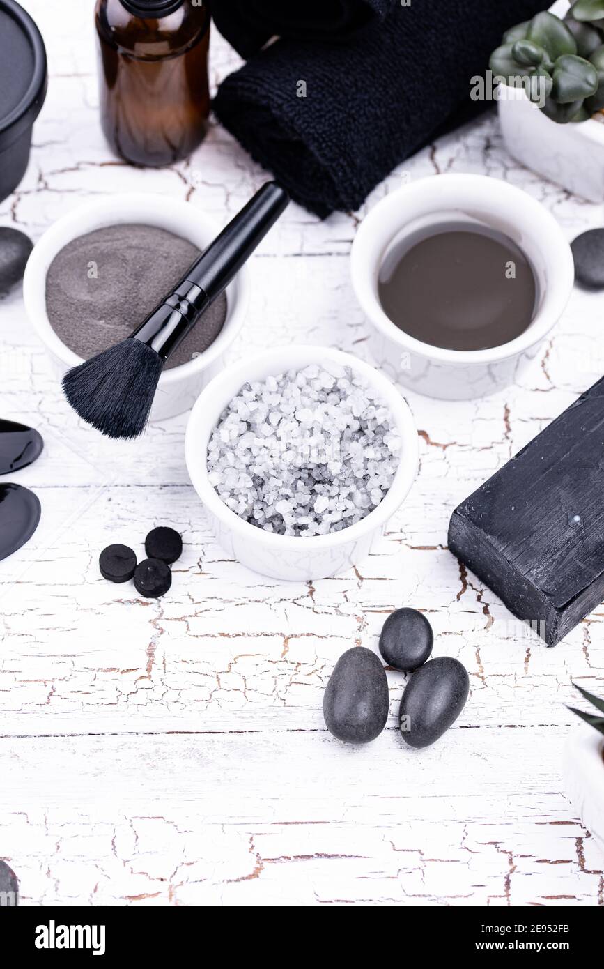 Set of black charcoal detox cosmetics Stock Photo - Alamy
