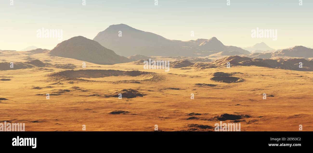 Detailed panoramic view of the Martian landscape. Mars dust storm. 3D ...
