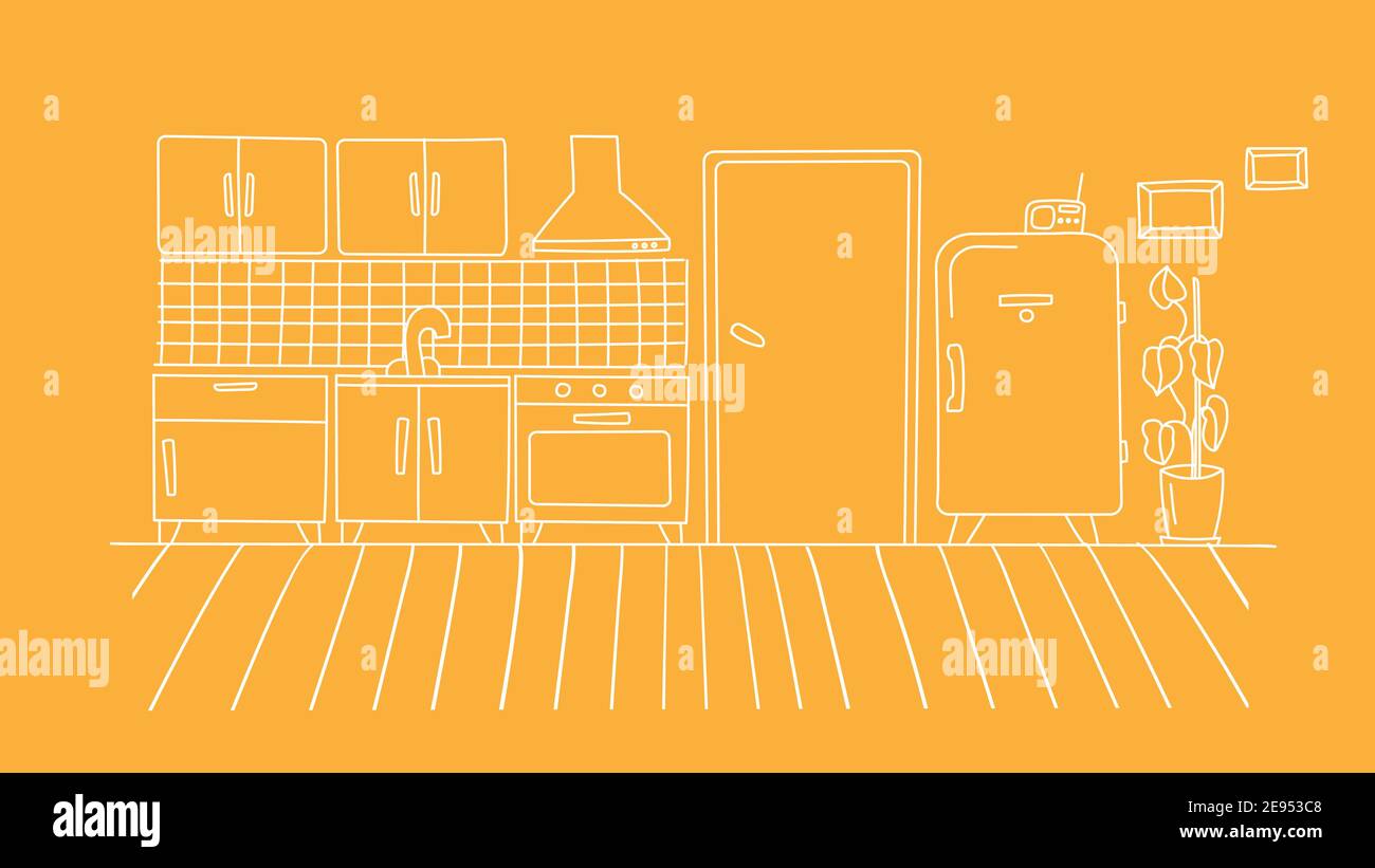 Kitchen interior flat simple. Linear outlines of kitchen furniture ...