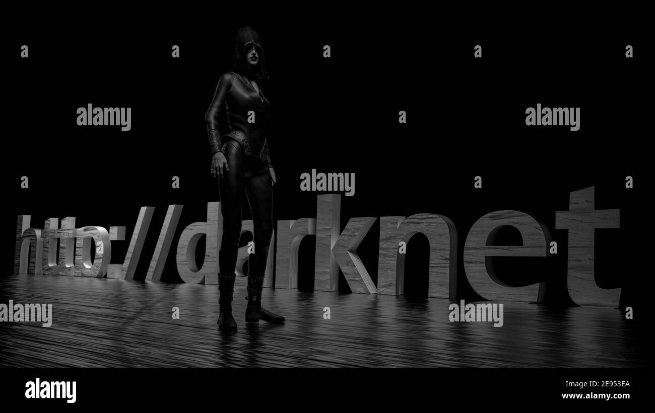 Darknet text word on dark background and a woman in black 3d rendering ...
