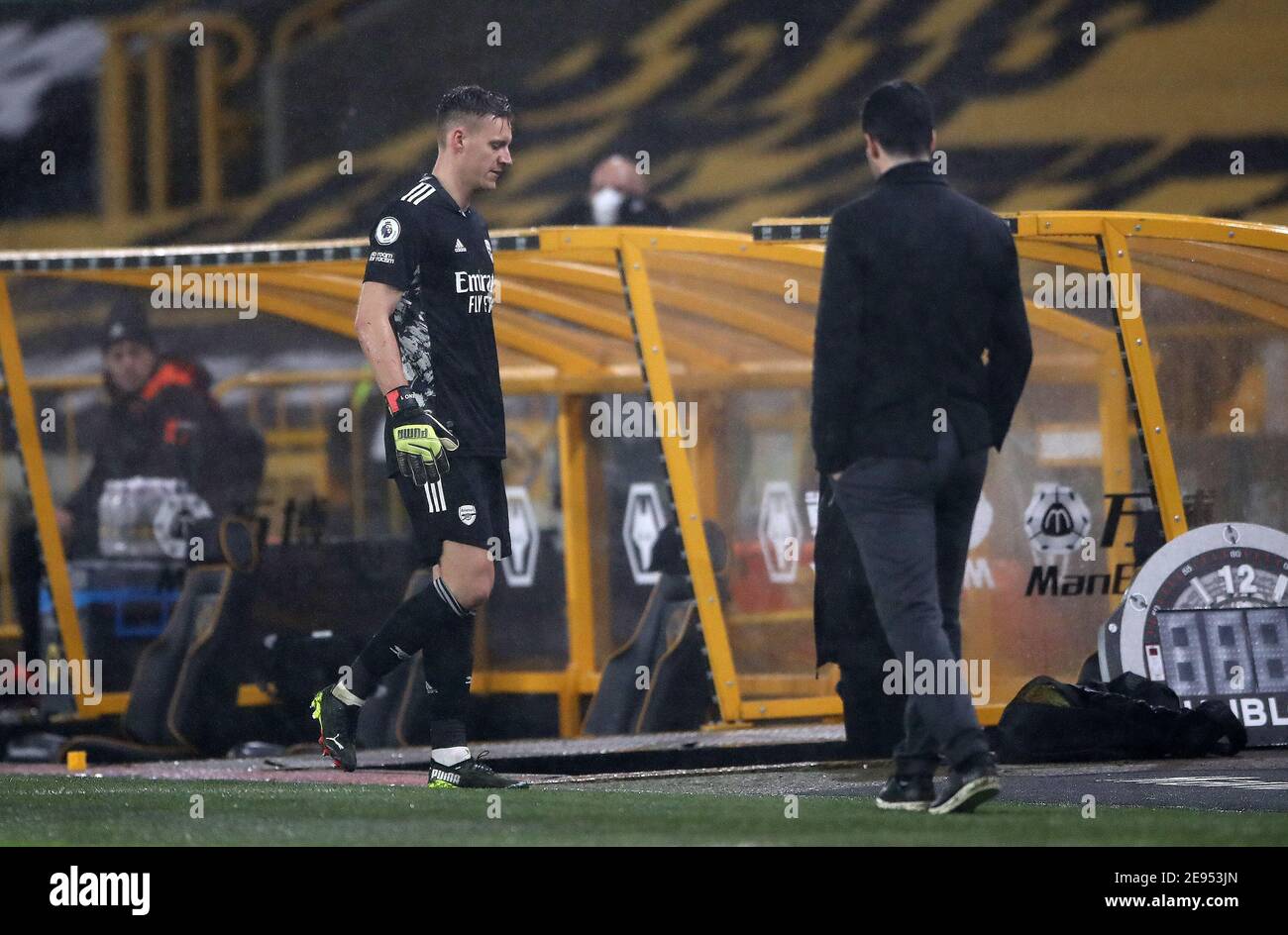 Arsenal goalkeeper Bernd Leno leaves the pitch after being shown a red ...