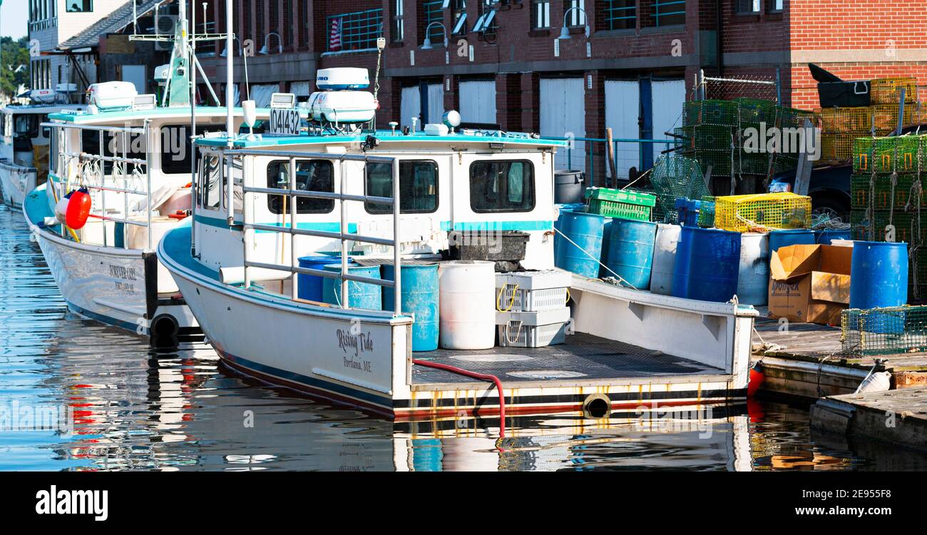 Portland, Maine, USA - 25 July 2020: Fishing and lobster boats docked ...