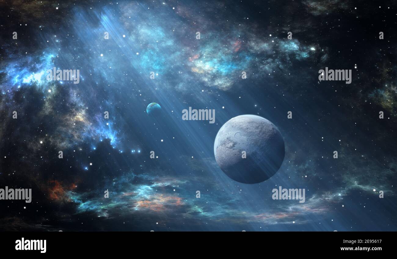 Extrasolar planets with atmosphere and moon. 3D illustration Stock ...