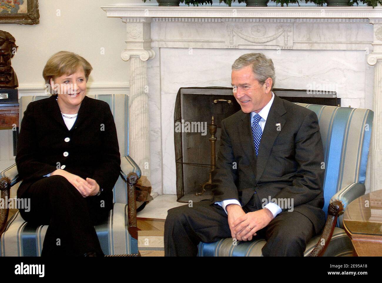 US President George W Bush meets with German chancellor Angela Merkel ...