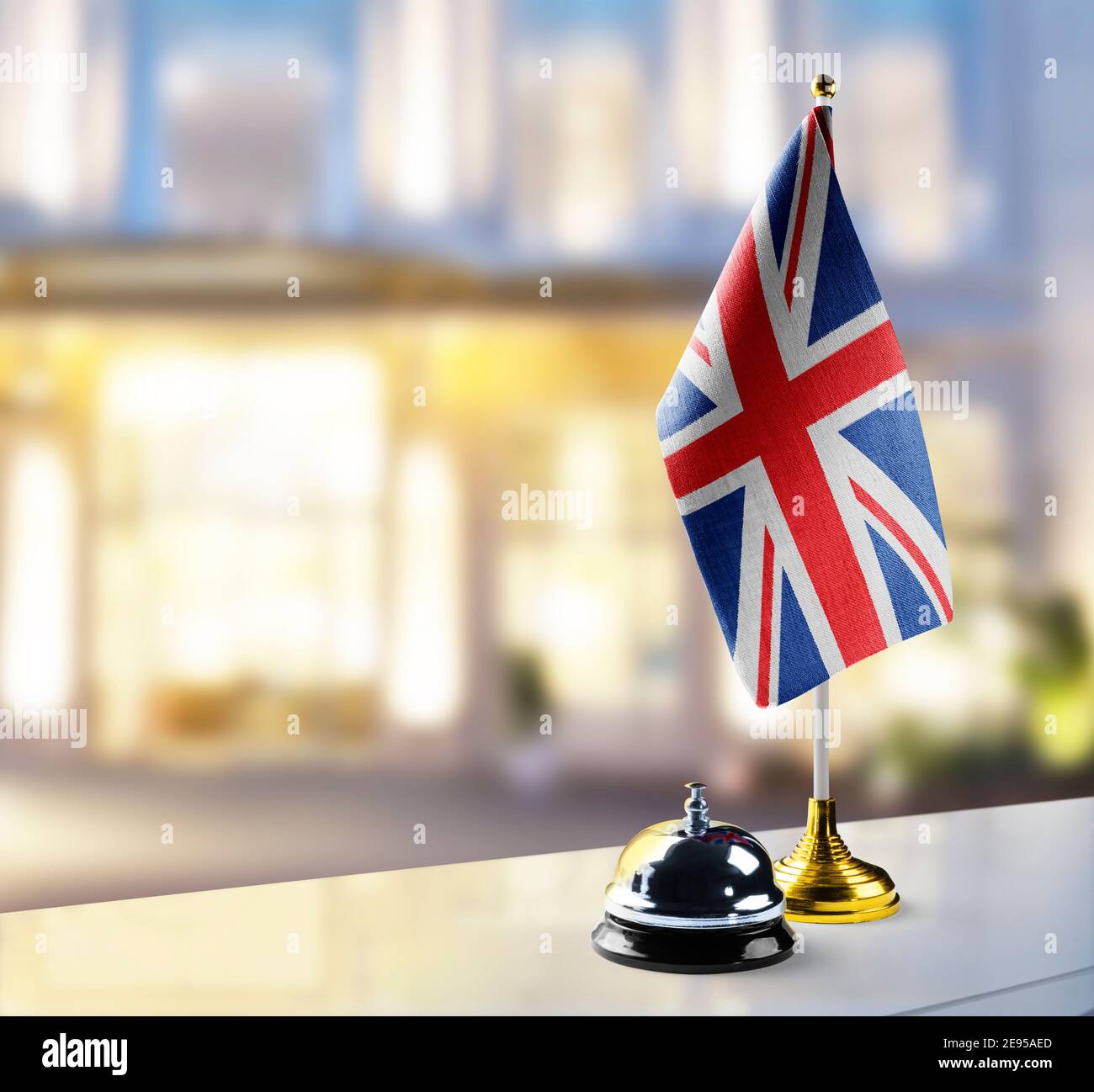 United Kingdom flag on the reception desk in the lobby of the hotel ...