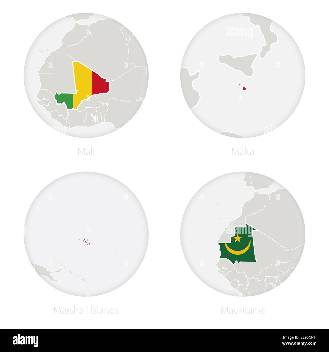 Mali, Malta, Marshall Islands, Mauritania map contour and national flag ...