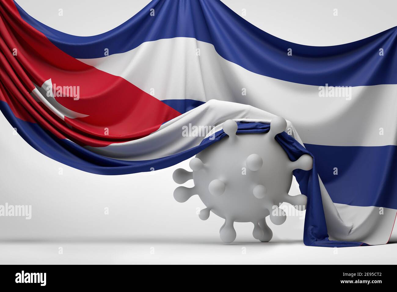 Cuba national flag draped over a Covid virus disease molecule. 3D ...