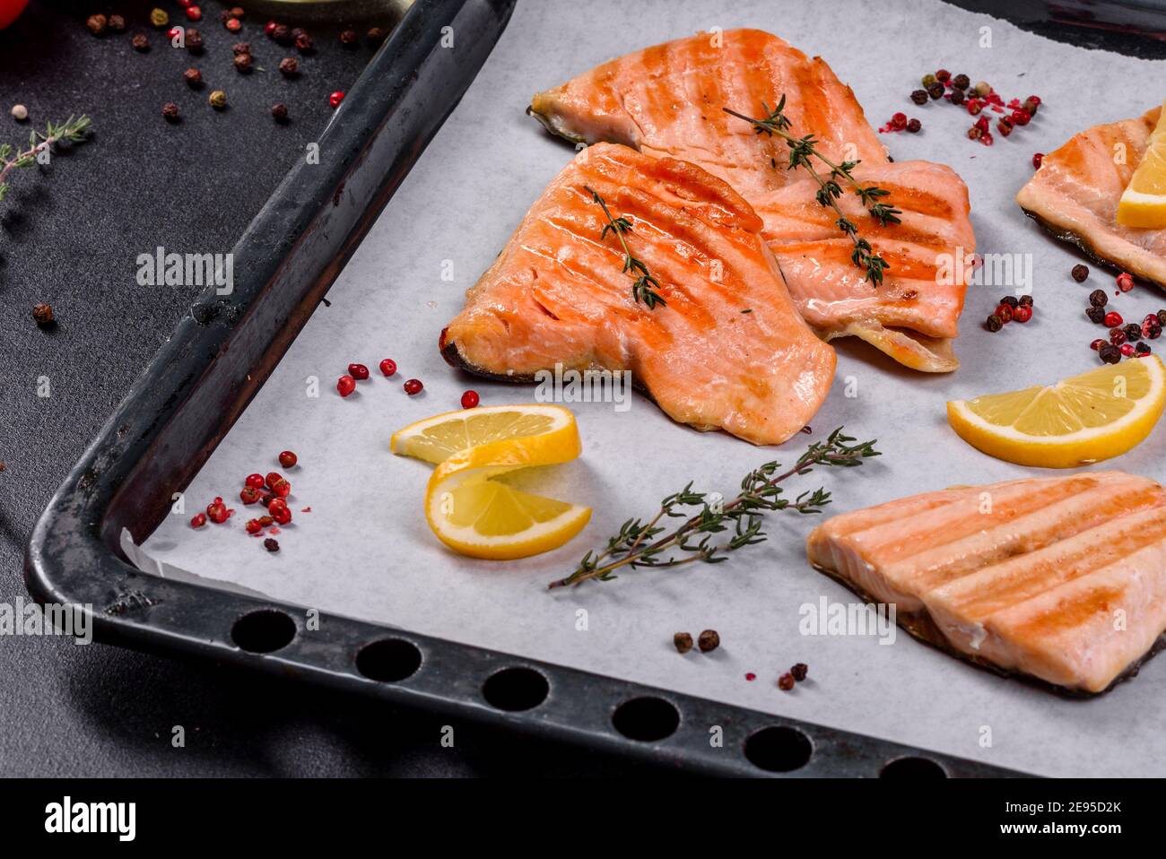 Tasty fresh red fish arctic char baked on a grill. Source of omega ...