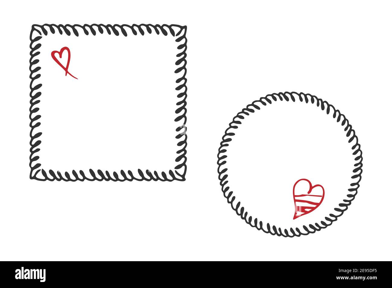 Freehand doodle set of frames decorated with heart shapes. Hand drawn ...