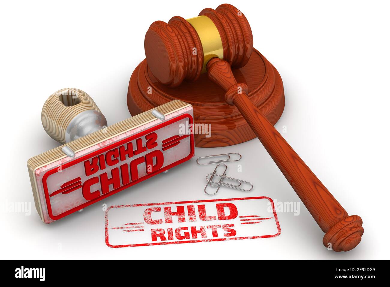 Child rights. The stamp and an imprint. Wooden stamp and red imprint ...