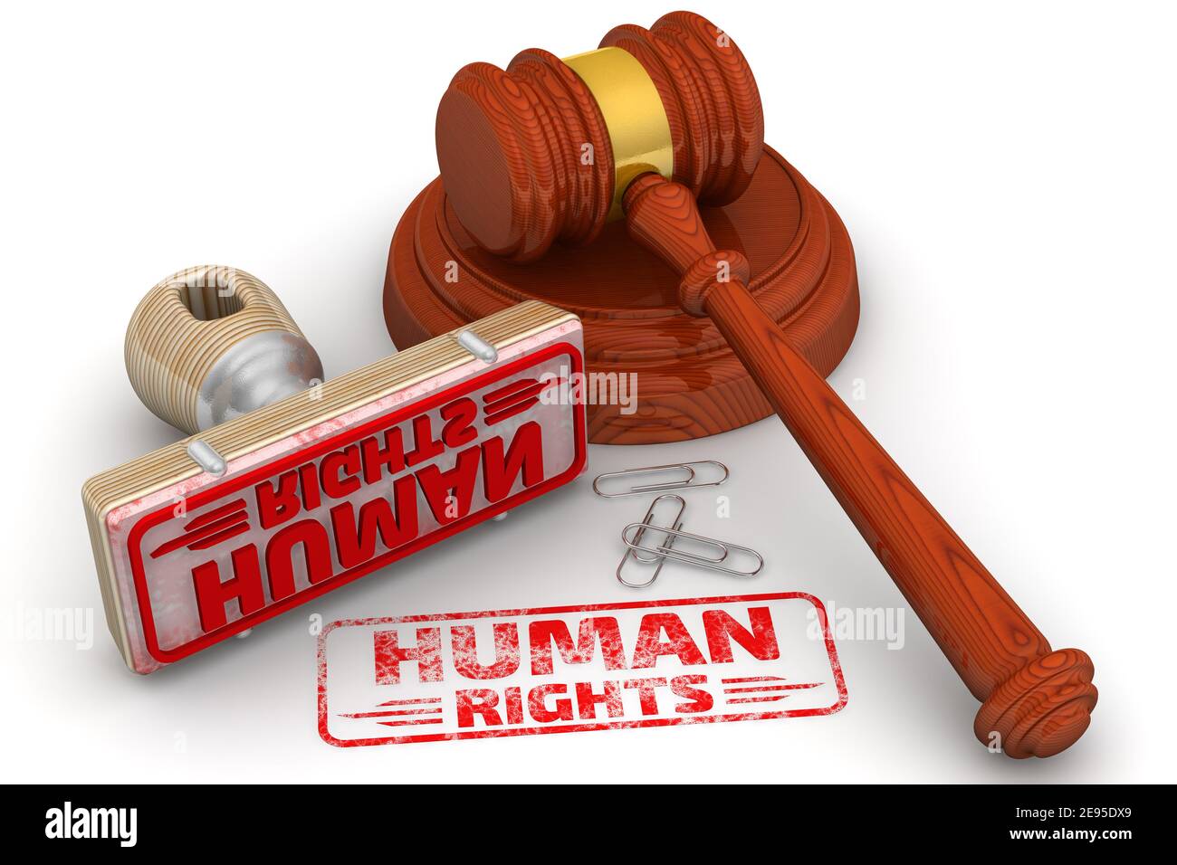 Human rights. The stamp and an imprint. Wooden stamp and red imprint ...