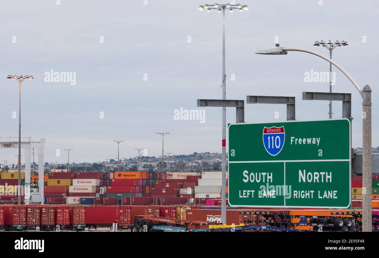 110 Freeway sign shown at the Port of Los Angeles, Southern California ...
