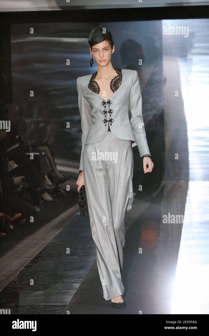 A model displays a creation by Italian designer Giorgio Armani at the ...