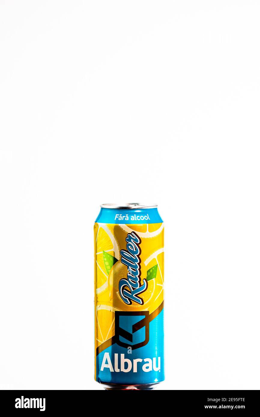 Albrau Radler Beer from Romanian local brewery isolated. Detail photo ...