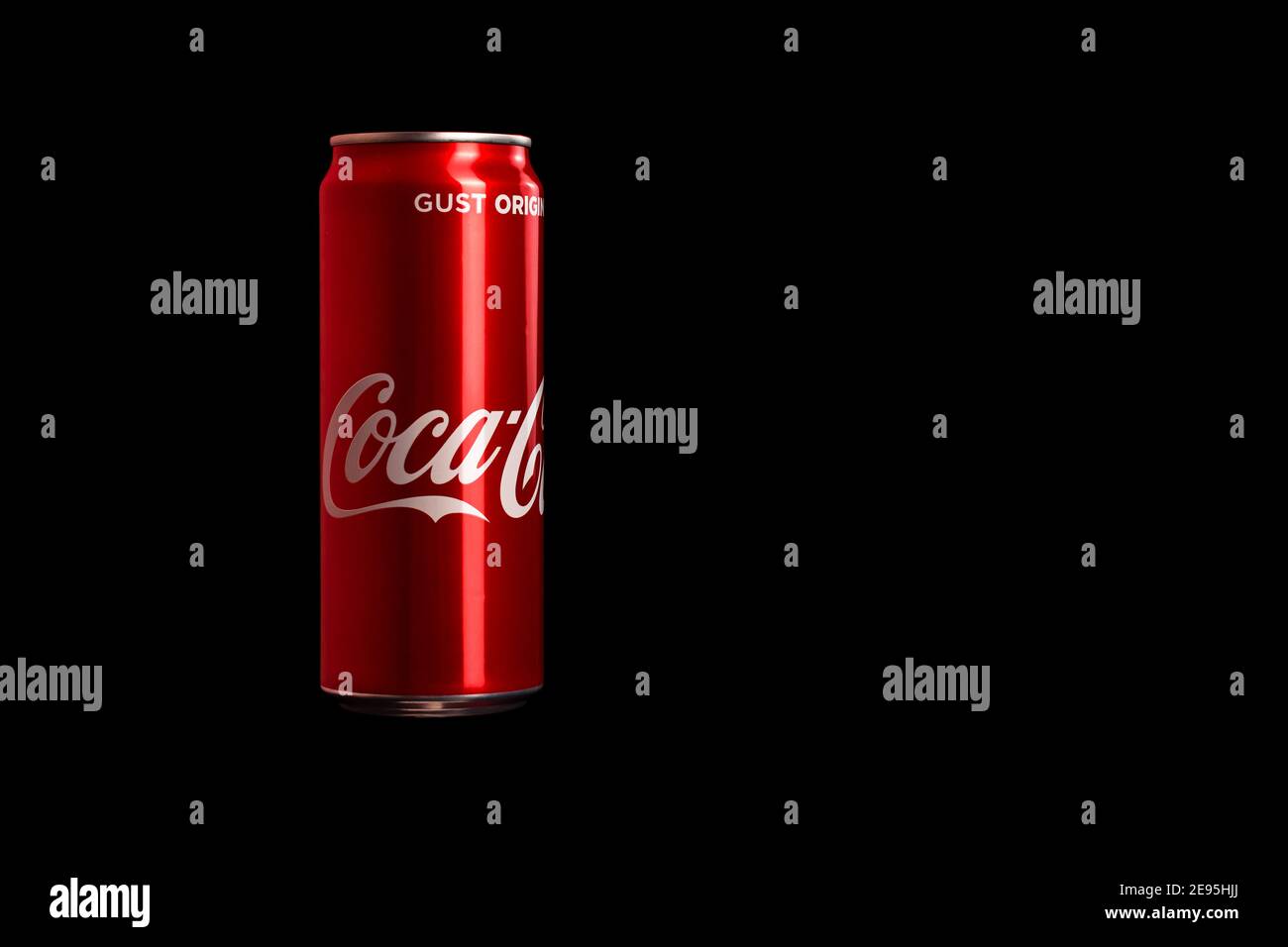 Editorial photo of classic Coca-Cola can on black background. Studio ...