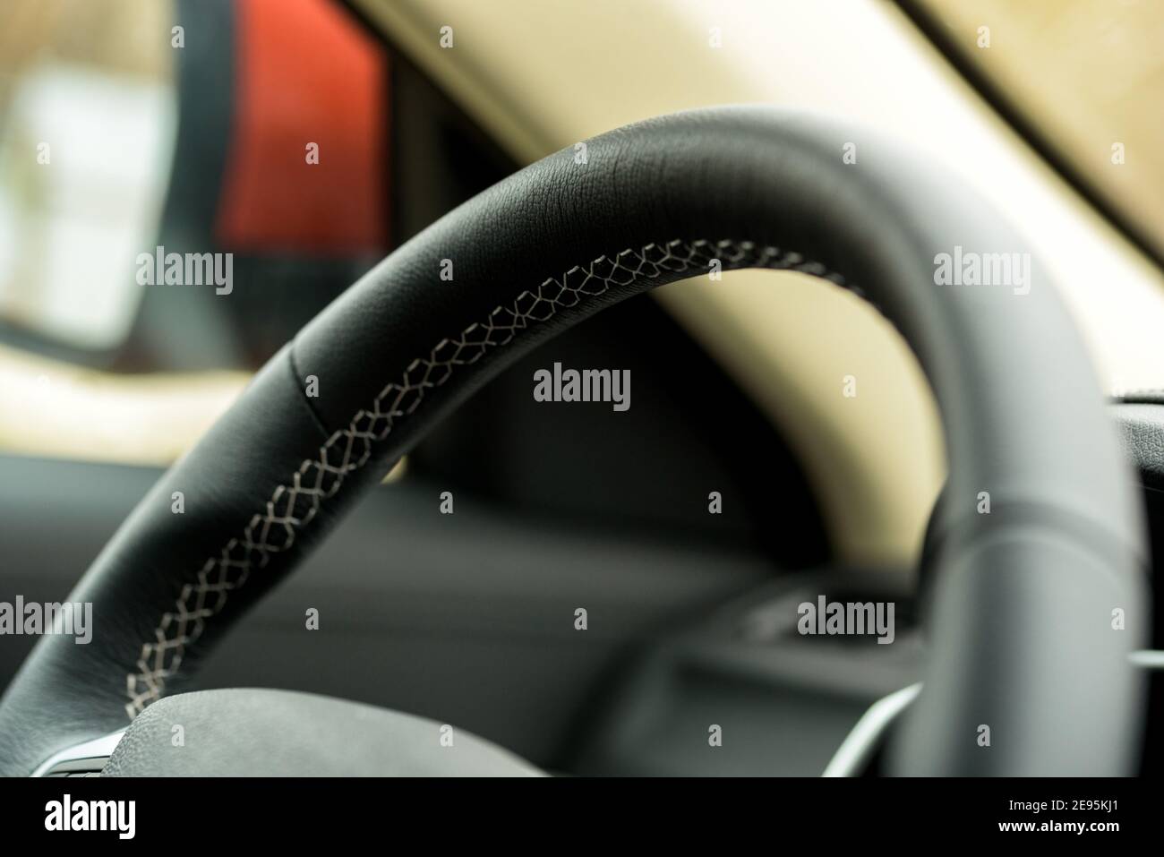 Close-up steering wheel of a car. leather steering wheel. Technology ...