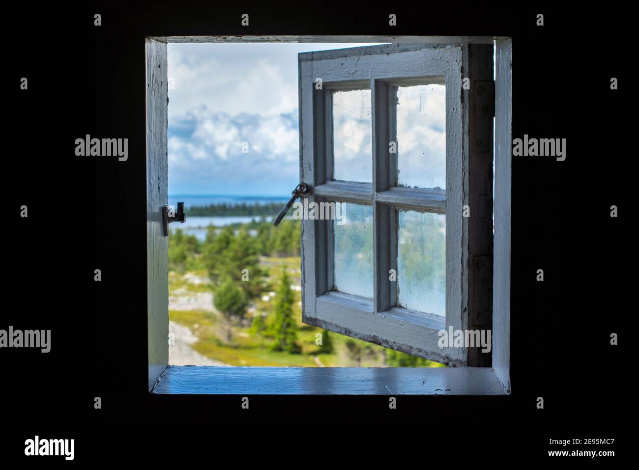 Vintage Open Window with magnificent view from wooden lighthouse Stock ...
