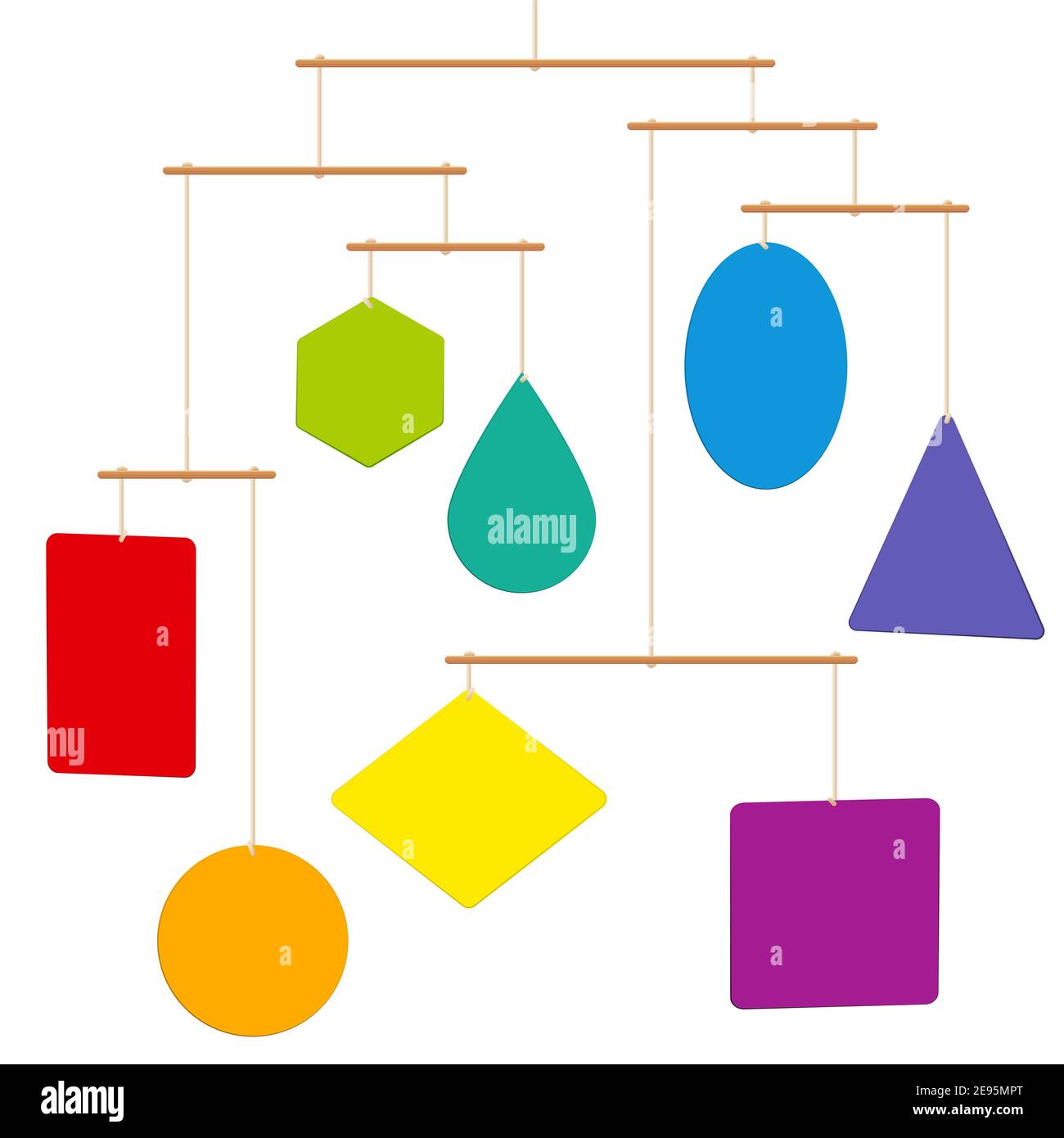 Mobile sculpture with colorful shapes hanging balanced on cords and ...