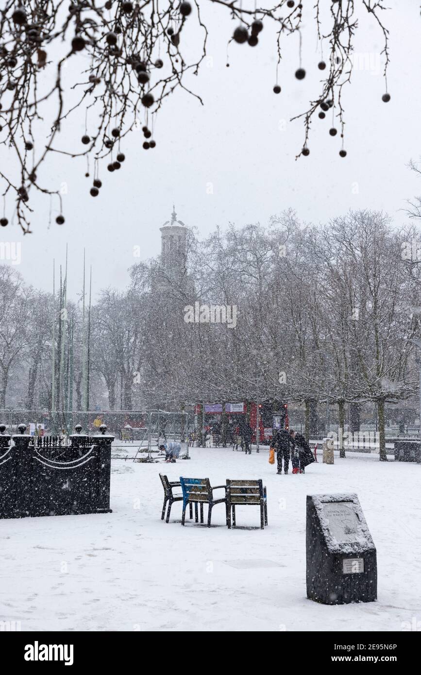 Windrush Square during heavy snow, Brixton, London, 24 January 2021 ...