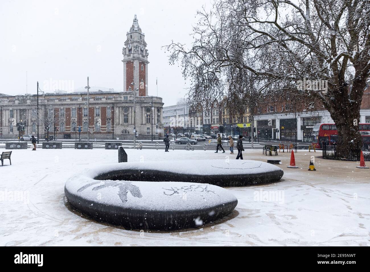 Windrush Square during heavy snow with Lambeth Town Hall in background ...