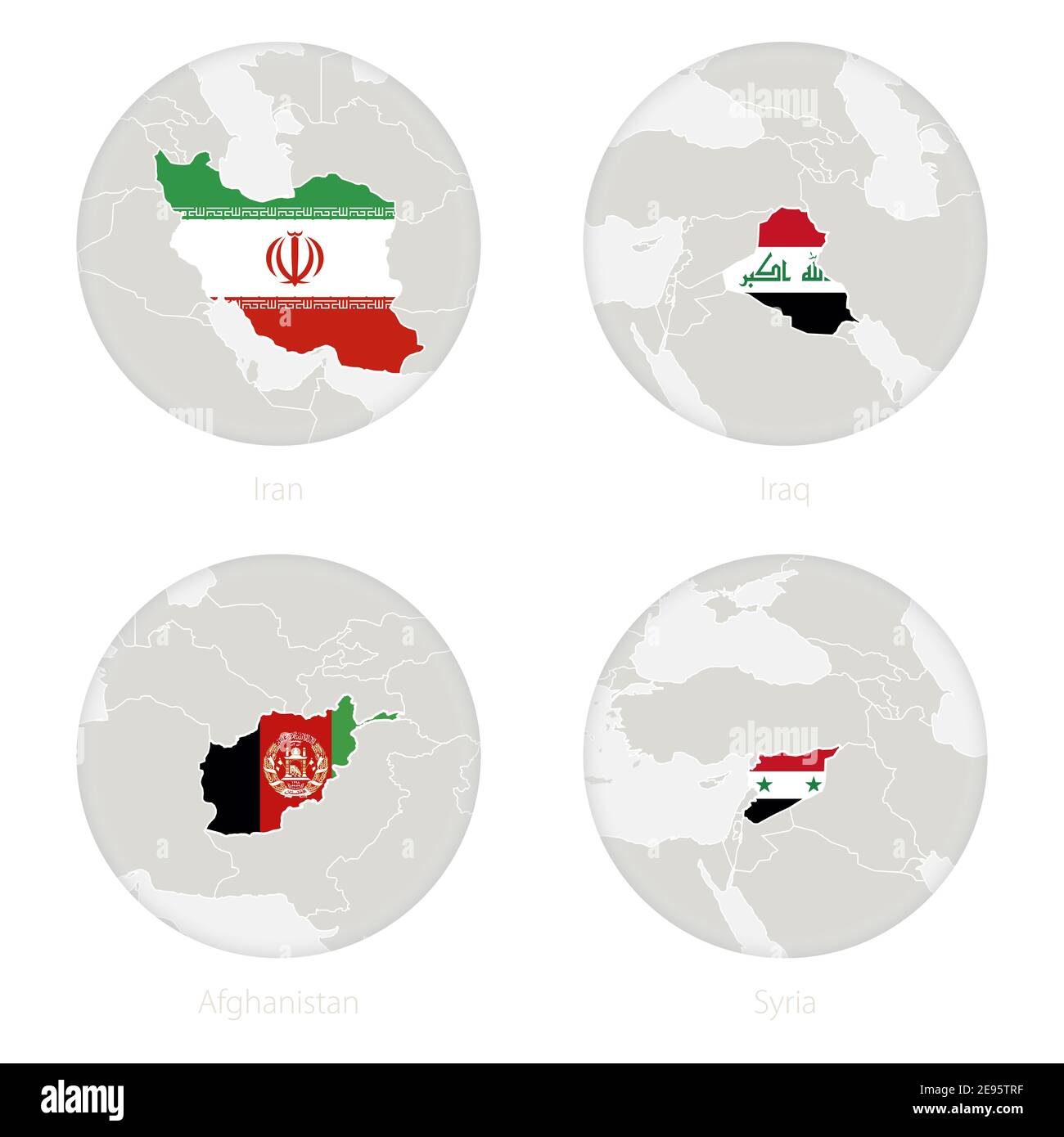 Iran, Iraq, Afghanistan, Syria map contour and national flag in a ...