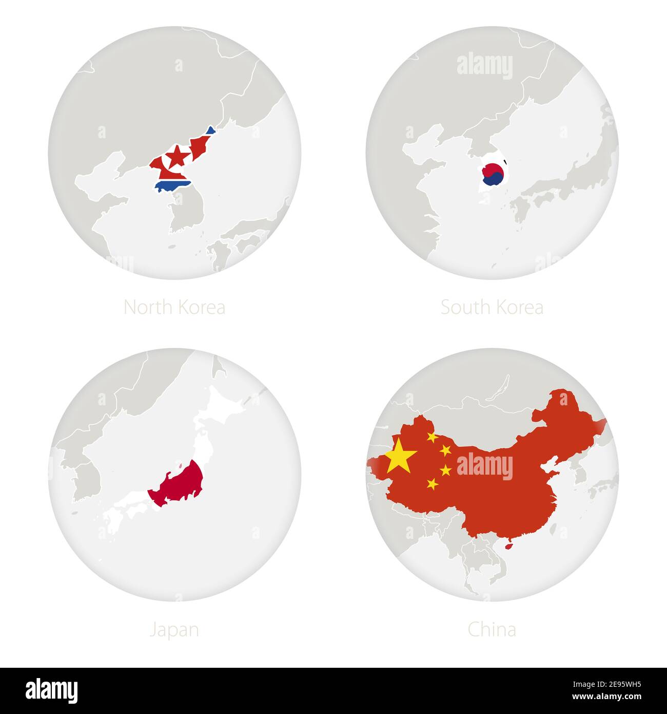 North Korea, South Korea, Japan, China map contour and national flag in ...