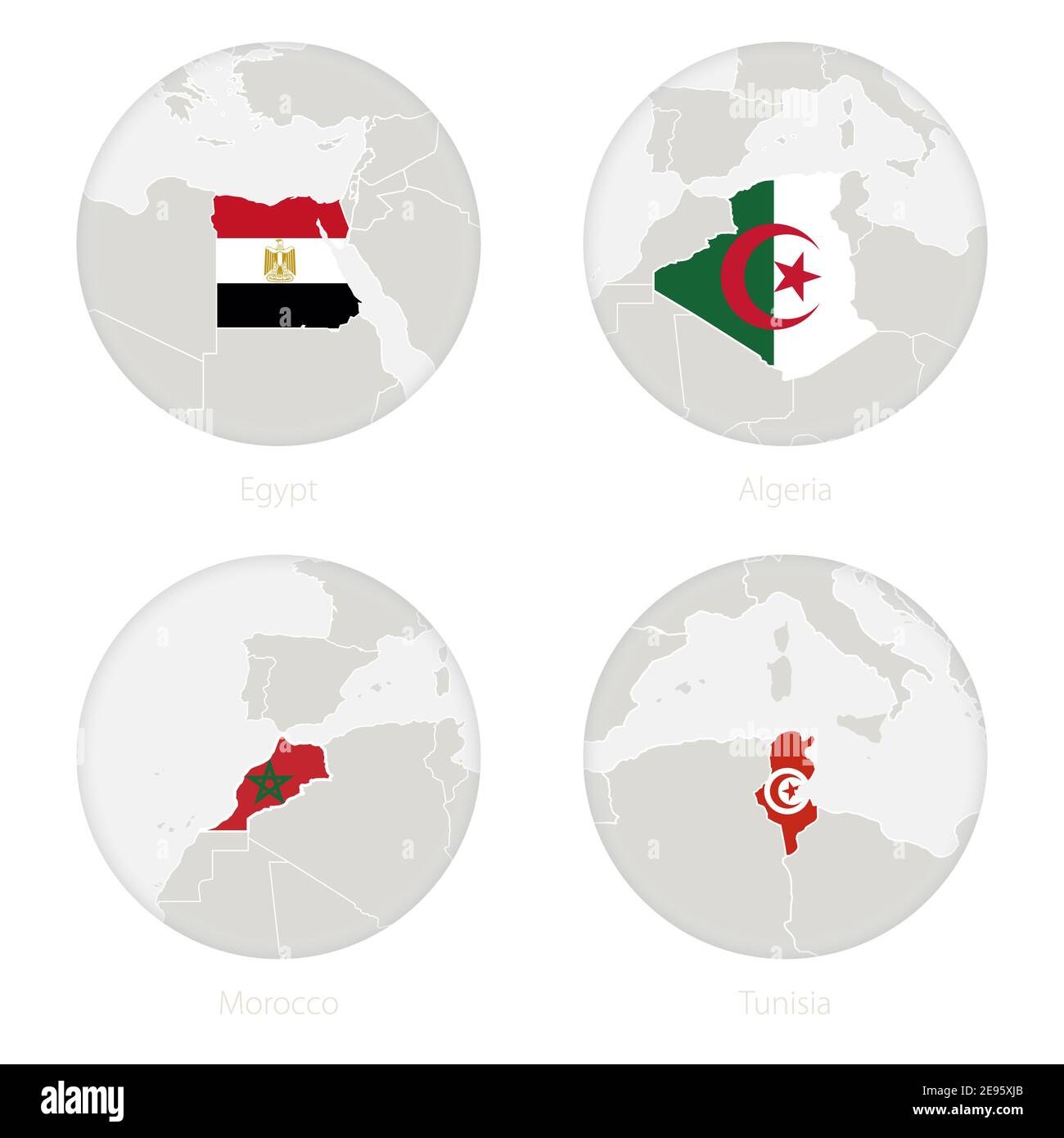 Egypt, Algeria, Morocco, Tunisia map contour and national flag in a circle. Vector Illustration ...