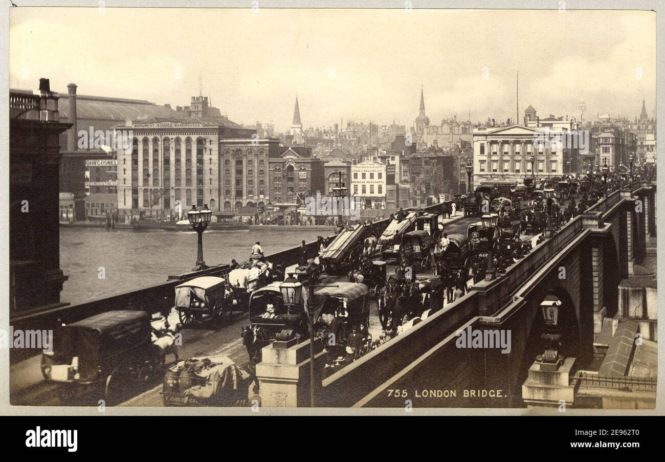 A view of heavy traffic on London Bridge, London, England, ca 1885 ...