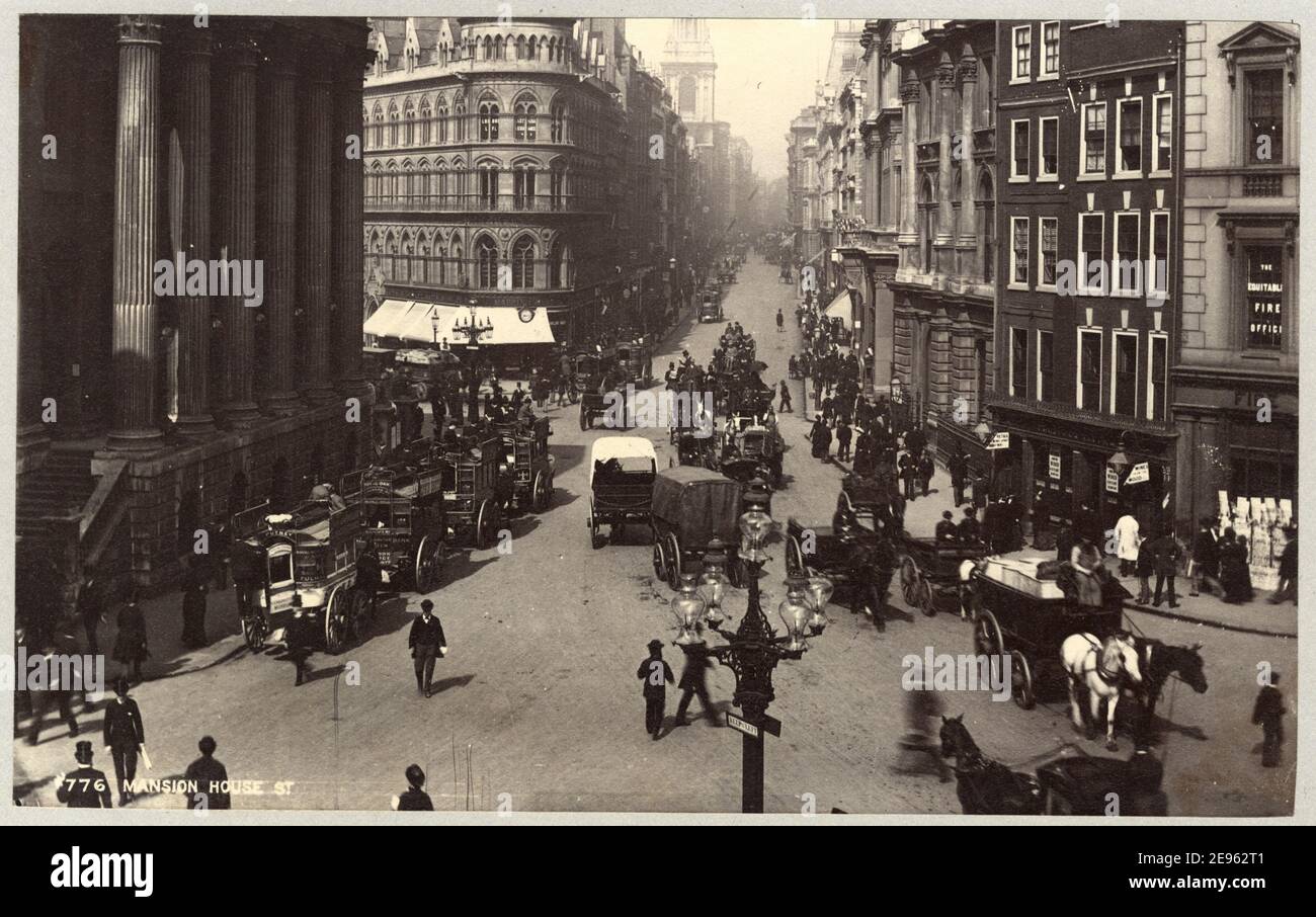 Street scene on Mansion House Street, London, England, ca 1885. Mansion ...
