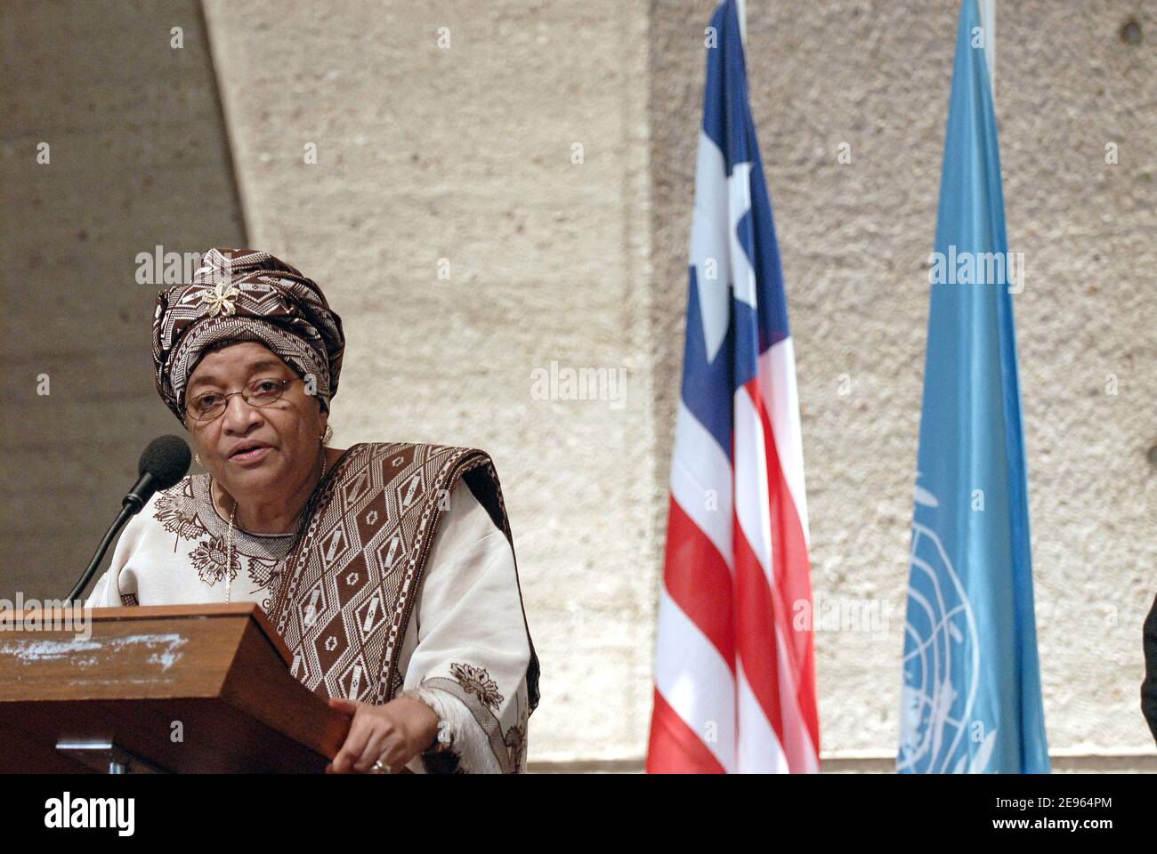 Liberian President Ellen Johnson-Sirleaf gives a press conference at ...