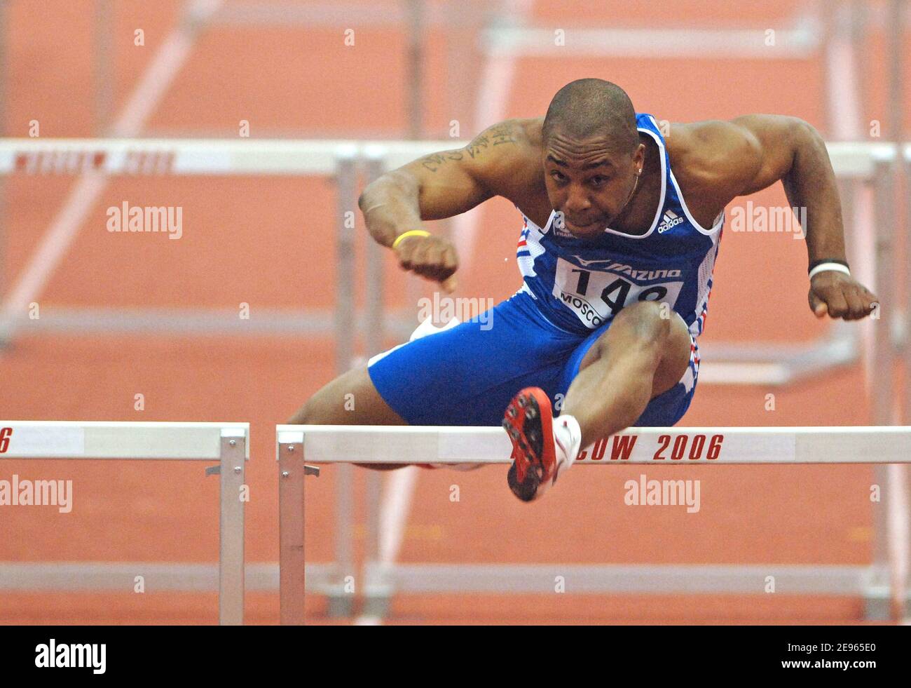 France's Cedric Lavanne competes on men's 60 m hurdles heat, at the ...