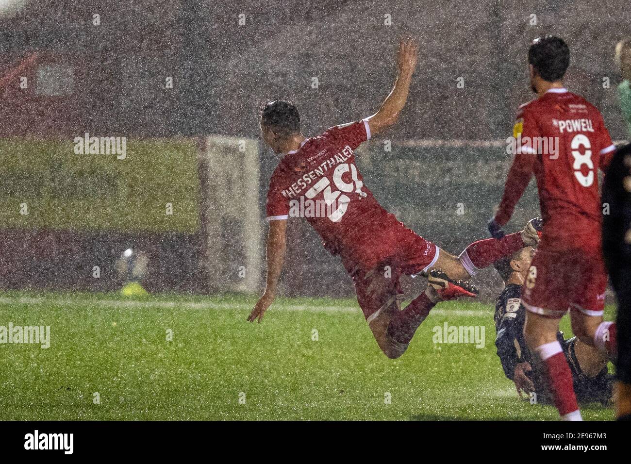 Crawley, UK. 02nd Feb, 2021. Hector Kyprianou #26 of Leyton Orient foul ...