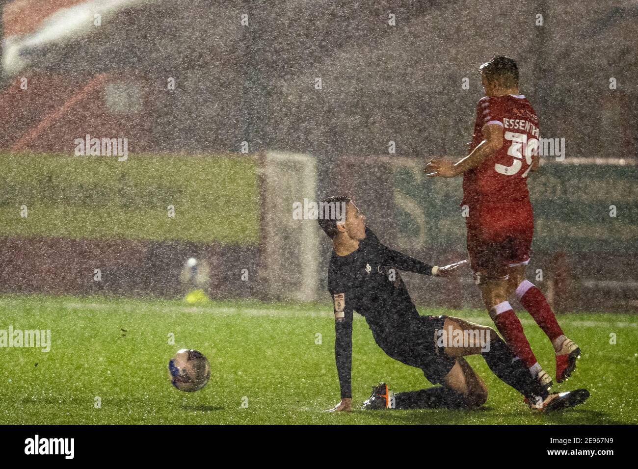 Crawley, UK. 02nd Feb, 2021. Hector Kyprianou #26 of Leyton Orient foul ...
