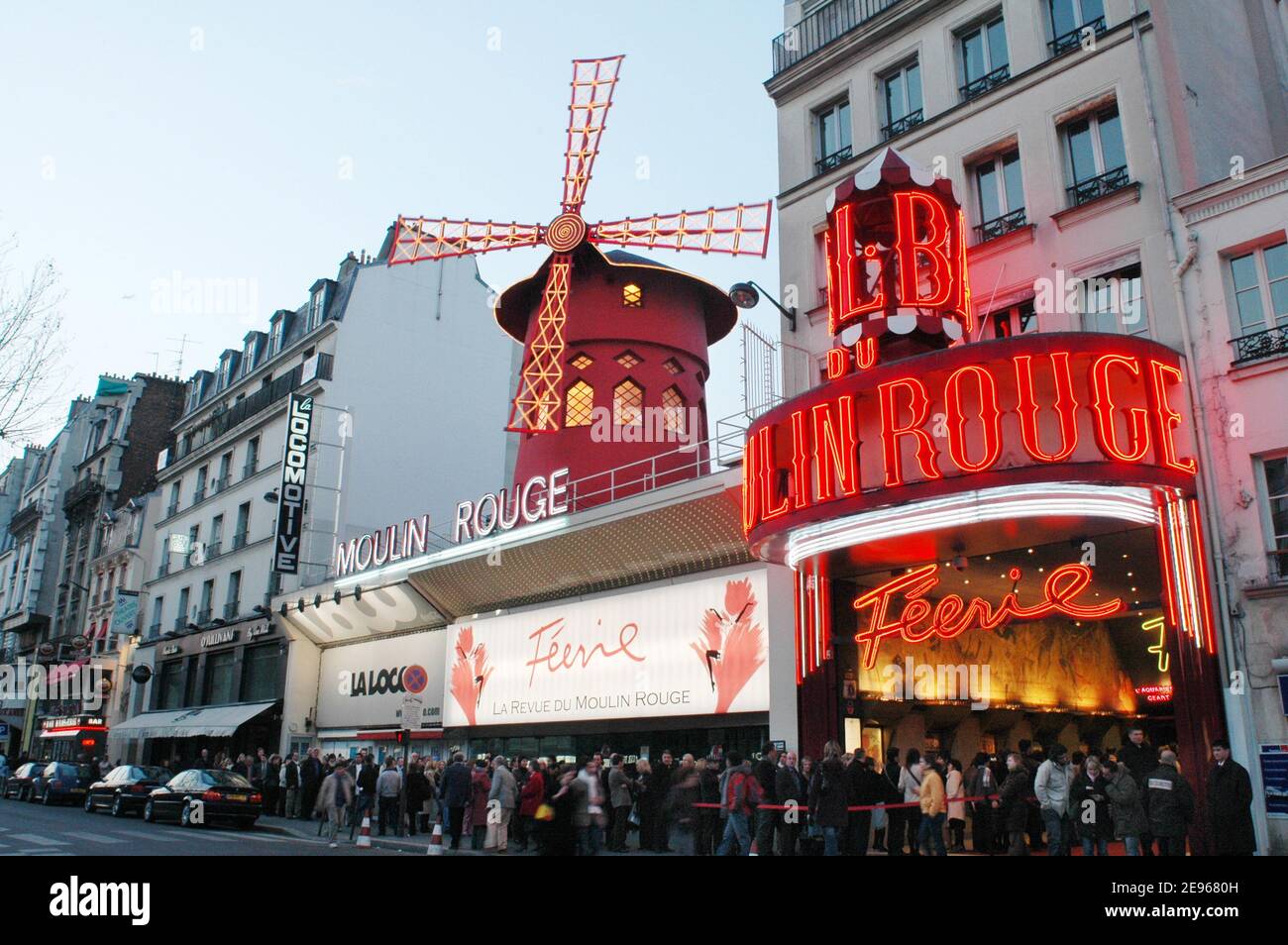 Exterior views of world famous cabaret Moulin Rouge in Pigalle district ...