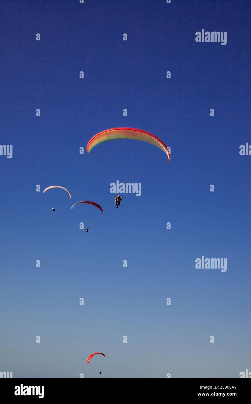 Blue and red paragliding parachute on light blue sky with copy space ...
